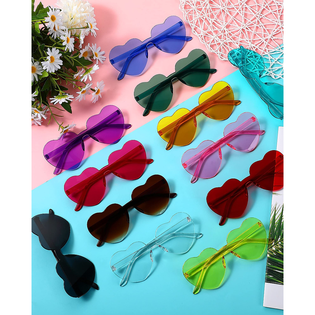 Colzzy 24 Pair Heart Shaped Rimless Sunglasses Transparent Candy Color Frameless Glasses Tinted Eyewear(Retro Colors)