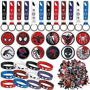 Spiderman Party Favor, Spiderman Birthday Party Supplies Kit Includes 12 Bracelets,12 Button Pins,12 Keychain, 50 Stickers for Spiderman party，Spiderman Birthday Party Favors