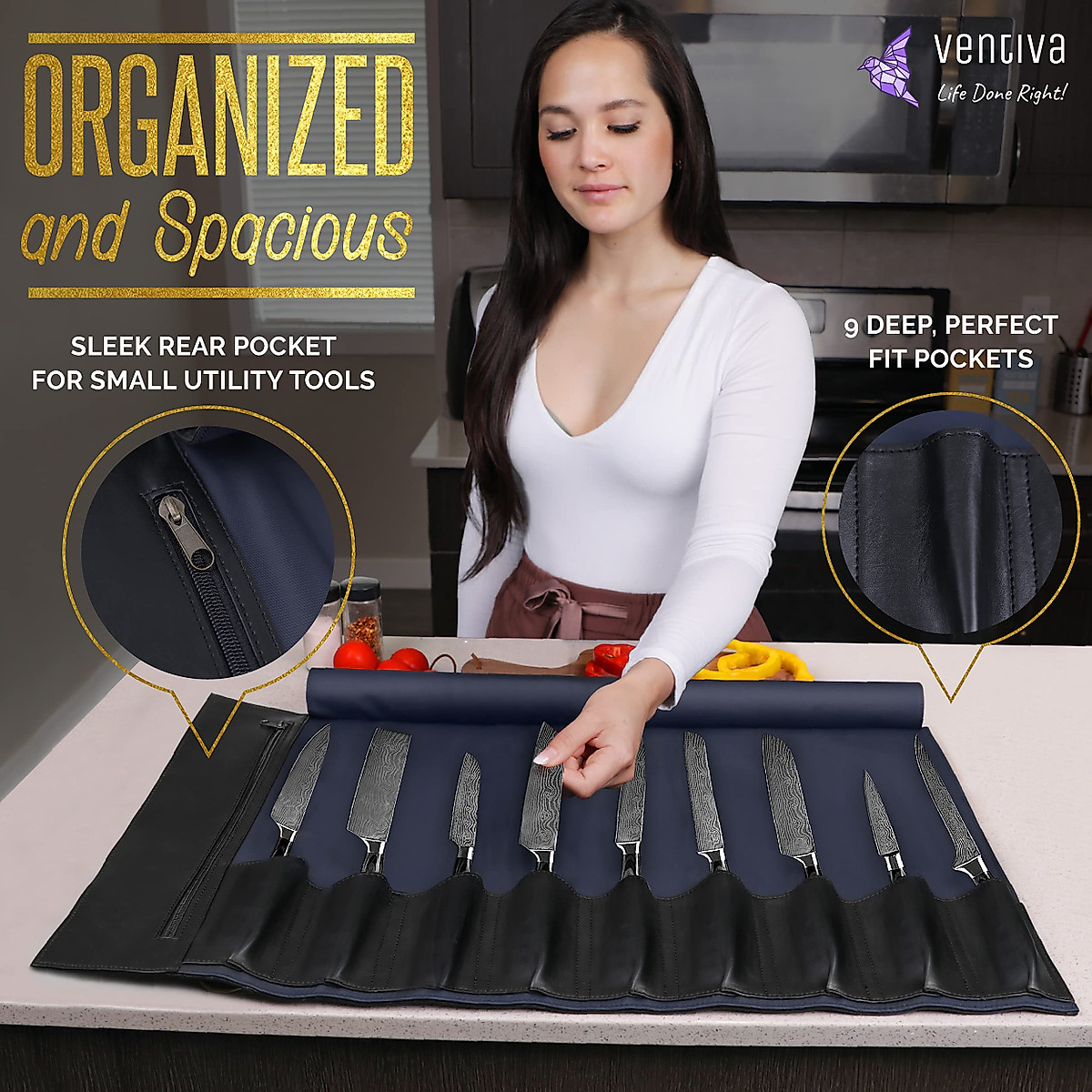 Ventiva - Black Leather Knife Roll Storage Bag, 9 Pockets w/ Large Utility Pocket, Adjustable/Detachable Shoulder Strap, Travel-Friendly and Durable