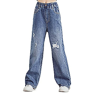 Aislor Girls Ripped Jeans Distressed Denim Pants Kids Washed Elastic Waist Straight Leg Jeans Baggy Wide-Leg Trousers Blue B Retro 9-10 Years