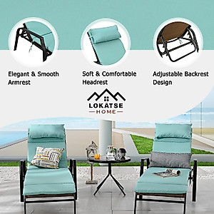 LOKATSE HOME 3 Pieces Outdoor Patio Chaise Lounge Chair Lounger Seating Furniture Set with Cushions and Table, Light Blue