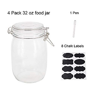 BPFY 4 Pack 32 oz Glass Jars With Airtight Lids And Leak Proof Rubber Gasket, Wide Mouth Mason Jars with Hinged Lids for Food Storage, Cereal, Pasta, Sugar, Beans, Pickle Jars, Kitchen Canisters