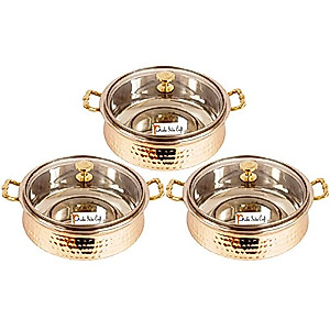 Set of 3 Prisha India Craft SMALL SIZE Steel Copper HANDI with Lid and Serving Spoon - Set of Copper Handi and Serving Spoon - Bowl Dia - 5.00" X Height - 2.25" - Christmas Gift