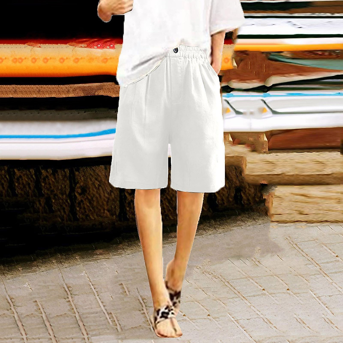 JDHUFEI Cotton Shorts for Women Elastic Waist Knee Length Casual Shorts Loose Fit Bermuda Shorts Summer Beach Pocketed Shorts