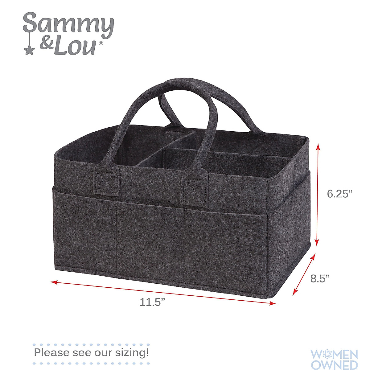 Sammy & Lou Collapsible Charcoal Gray Felt Storage Caddy, Divided Design To Keep Diapers, Wipes And Changing Items Organized, Two Handles, 11.5 in x 6 in x 8 in