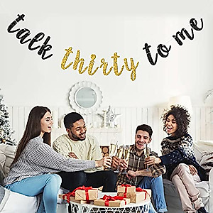 Talk Thirty to Me Banner for Happy 30th Birthday/Anniversary Banner, Cheers to 30 Years Party Decoration Supplies Black Gold Glitter Dirty 30 Banner