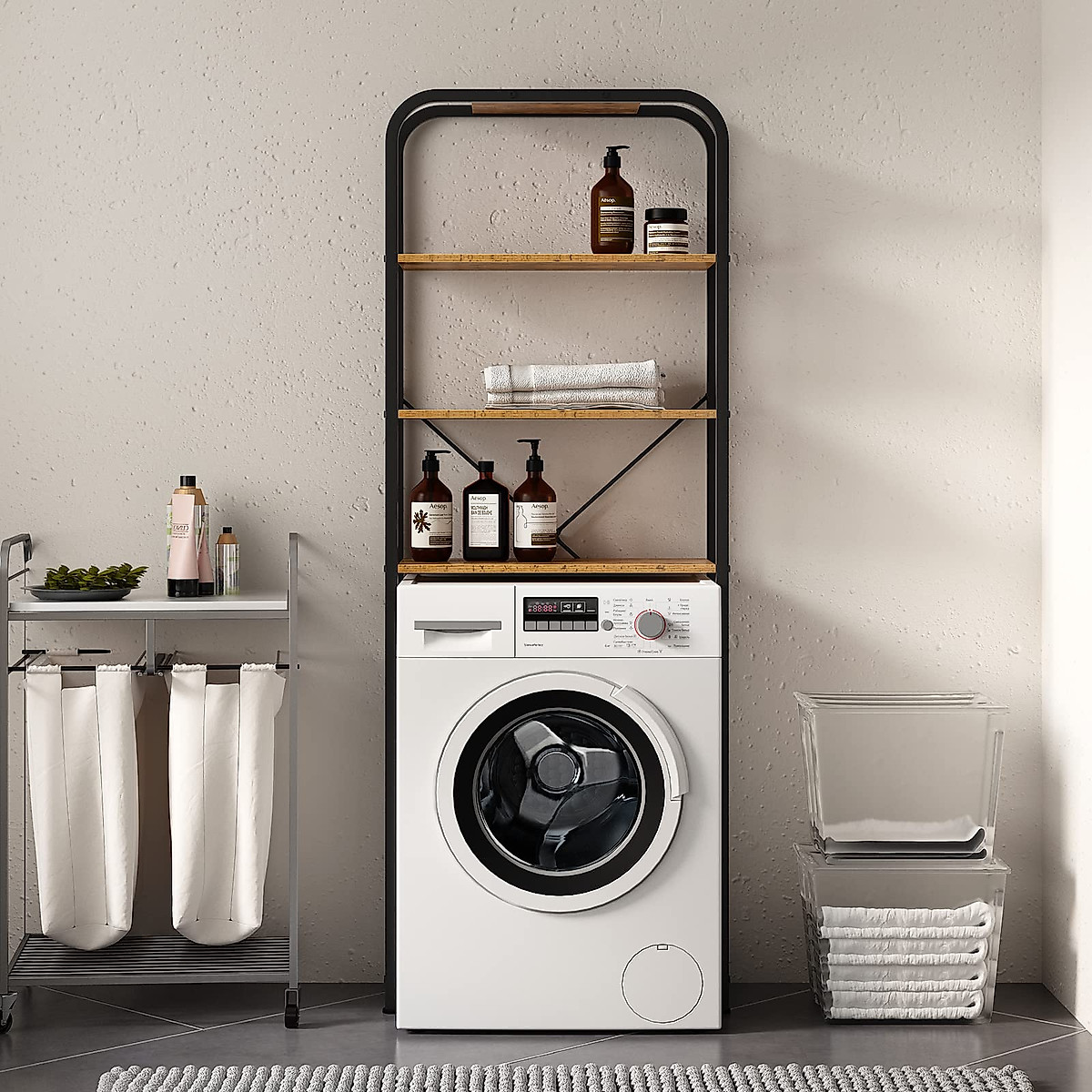 DlandHome Bathroom Space Saver, 4-Tier Over The Toilet Storage Rack with Toilet Paper Holder, Wooden Freestanding Bathroom,10CZLDSF12TW