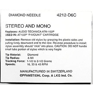 Pfanstiehl Phonograph Turntable Needle Stylus For Audio Technica ATN102P ATN-102P, ATN-102EP, ATN102EP P-Mount