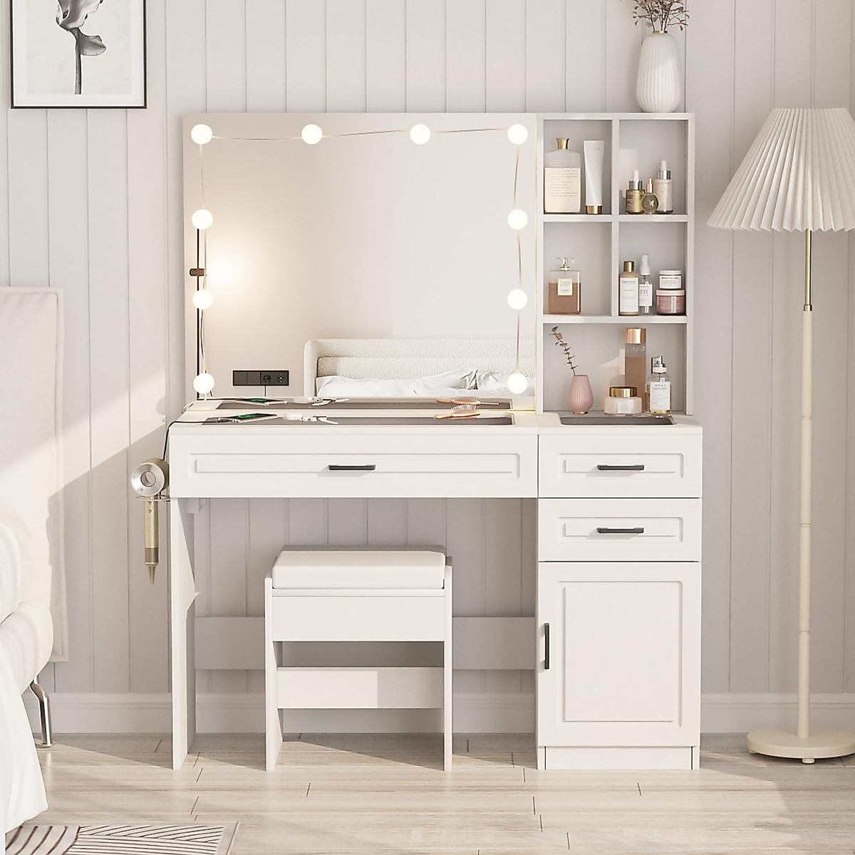 Fameill Vanity Desk with Lighted Mirror & Power Strip,Large Vanity Table with Glass top and Lots Storage,3 Drawer Makeup Desk with Hair Dryer Stand,3 Lighting Modes,White