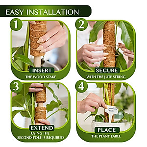 Voorjaar Moss Poles for Climbing Plants Monstera, 27 Inches 2 Pcs Indoor Plant Stakes to Support Upward Growth - Extendable 16" Coco Coir Poles with 4 Jute Strings and 10 Plant Labels