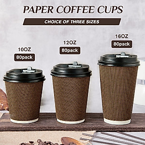 LITOPAK 80 Pack 12 oz Paper Coffee Cups, Insulated Ripple Wall Paper Cups with Lid and Straws, Three Layer Insulated Hot Beverage Cups for Drinks, Coffee Cups for Parties, Picnic, and Travel.