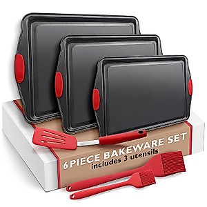 Eatex Baking Sheet, 6PC Cookie Sheet Set with Silicone Handles, Nonstick Steel Baking Pan, Durable Baking Sheets for Oven, BPA Free Baking Pans Set, Cookie Sheets for Baking Set – Black Bakeware