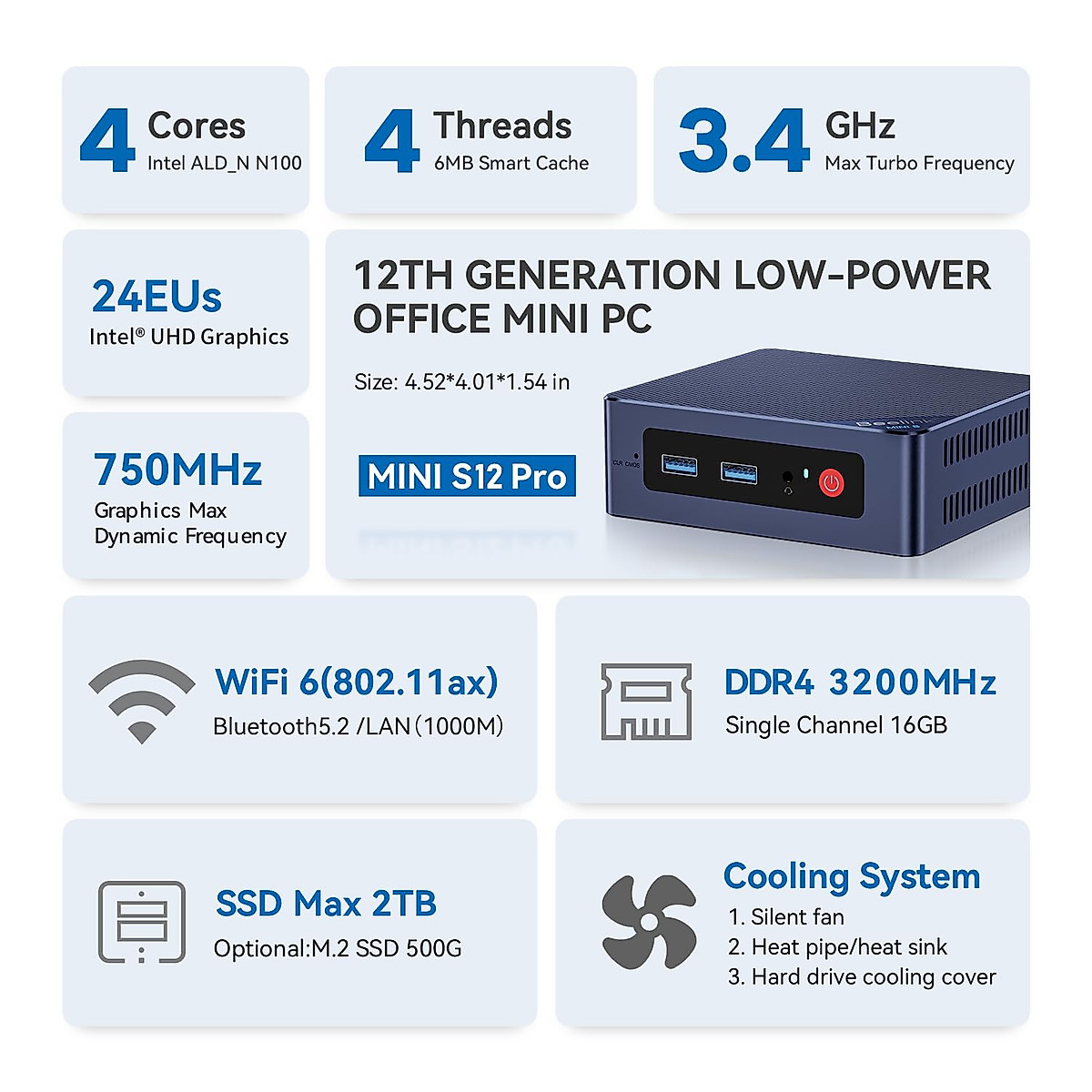 Beelink Mini S12 Pro Mini PC Intel 12th Lake N100(up to 3.4GHz 4C/4T), Mini Computers 16GB DDR4 500GB SSD, Dual 1000Mbps Dual HDMI 4K Displays, Support WIFI6/BT5.2/Home/Office/Openwrt/W11 Pro