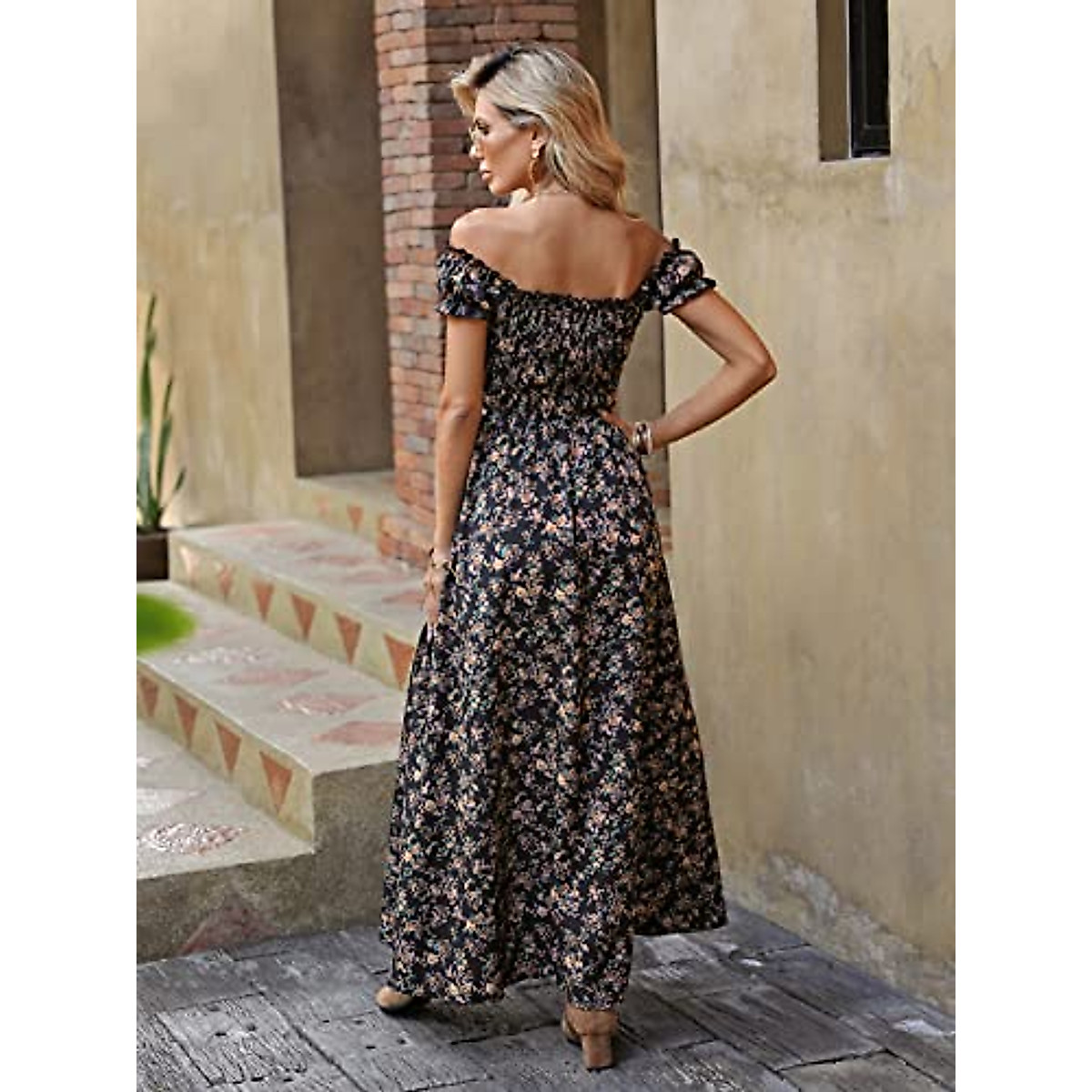Floerns Women's Boho Ditsy Floral Print Off Shoulder Short Sleeve Split Maxi A Line Dress Black Floral Print L