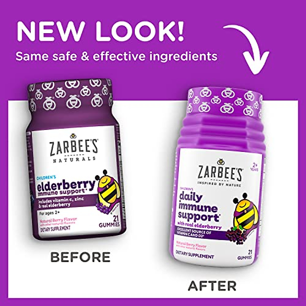 Zarbee's Elderberry Gummies for Kids with Vitamin C, Zinc & Elderberry, Daily Childrens Immune Support Vitamins Gummy for Ages 2 and Up, Natural Berry Flavor, 21 Count