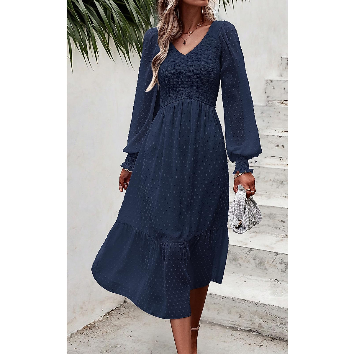 PRETTYGARDEN Women's Fall Dresses 2024 Long Sleeve V Neck Swiss Dot Smocked Ruffle Midi Dress Boho Chiffon Flowy Long Dress (Navy,Large)