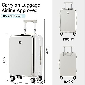 Hanke 20 Inch Carry On Luggage with Front Pocket Aluminum Frame （Can Not Open in The Middle） Hard Shell Suitcases with Wheels Rolling Luggage Suitcase with Lock Travel Luggage for Weekender-Smoke White