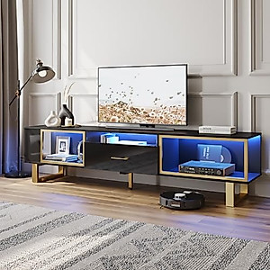 Bestier 70 Inch TV Stand for 75/77/80 Inch TV, LED Gaming Entertainment Center with Open Storage & Drawer, Modern High Gloss TV Console Table for Living Room Bedroom, Black and Gold