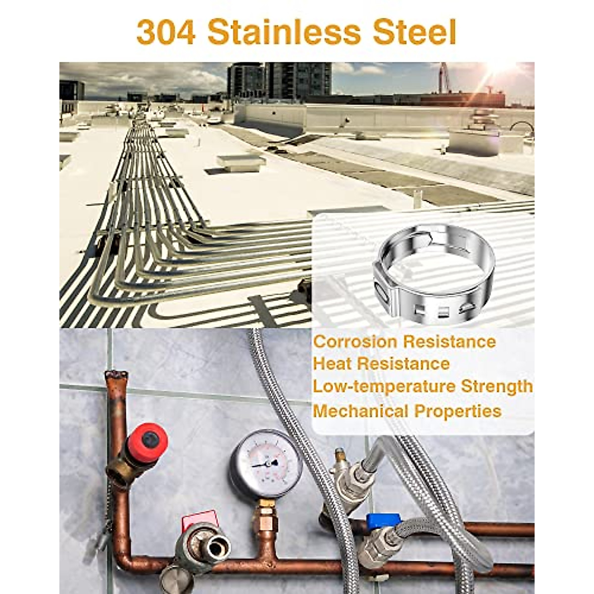 VIGRUE 304 Stainless Steel Single Ear Hose Clamps with Pincer, 105PCS 3/8'' to 1'' Stepless Hose Clamps with Pipe Clamp Tool, Pex Cinch Clamps Rings Tool Assortment Kit
