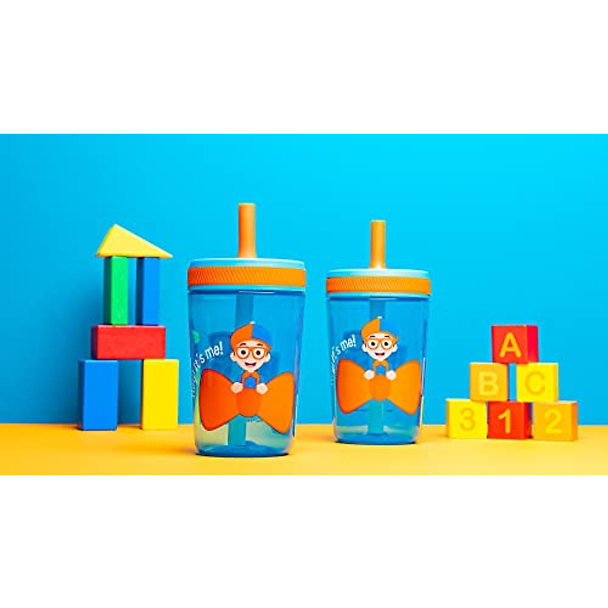 Zak Designs Blippi Kelso Toddler Cups For Travel or At Home, 15oz 2-Pack Durable Plastic Sippy Cups With Leak-Proof Design is Perfect For Kids (Blippi)
