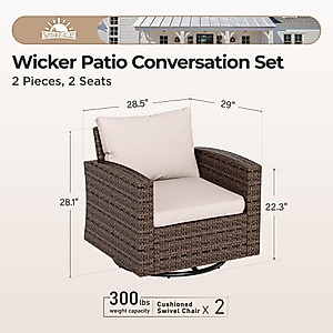 SUNSHINE VALLEY 2 Pieces Swivel & Glider Chair, Outdoor Patio Conversation Set with Brown Premium Wicker Rattan and 4" Thick Cushions for Garden,Lawn, Backyard,Beige