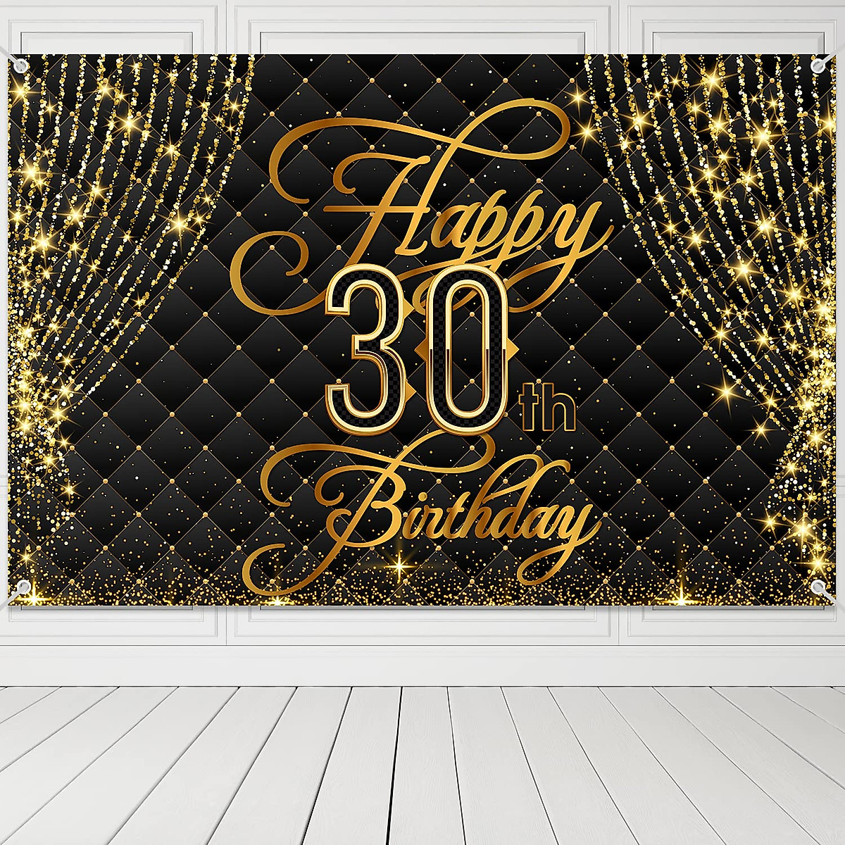 Happy 30th Birthday Banner Backdrop Royal Curtain Decorations Black Gold Background 30 Years Old Bday for Women Men Photography Party Decor Supplies