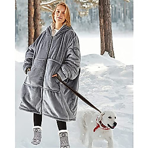 Shellconch Oversized Wearable Blanket Hoodie.Sherpa sweatshirt blanket has hats, zippers suitable men and women as gifts (GREY)