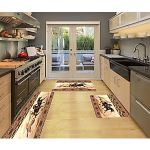 Animal Running Horse Kitchen Rug Set 3 Pieces Horses Herd Run in Desert Sand Storm Against Dramatic Sky Floor Mats Washable Doormat Anti Fatigue Non-Slip Chef Sink Runner Rugs Bedroom Area Carpet