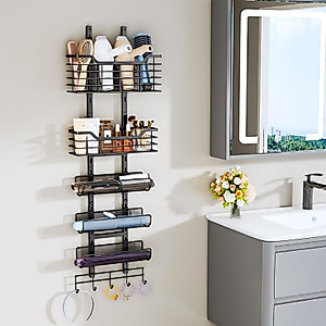 Consmest 6-Tier Hair Tool Organizer - Hair Dryer Holder Over The Door/Wall Mounted DIY Adjustable Shelf Bathroom Hair Styling Tool Organizer with Hook for Curling Iron/Blow Dryer/Straightener Black