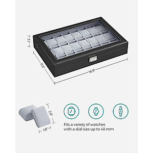 SONGMICS Watch Box, 24-Slot Watch Case, Lockable Watch Storage Box with Glass Lid, Gift Idea, Ink Black Synthetic Leather, Gray Lining UJWB024