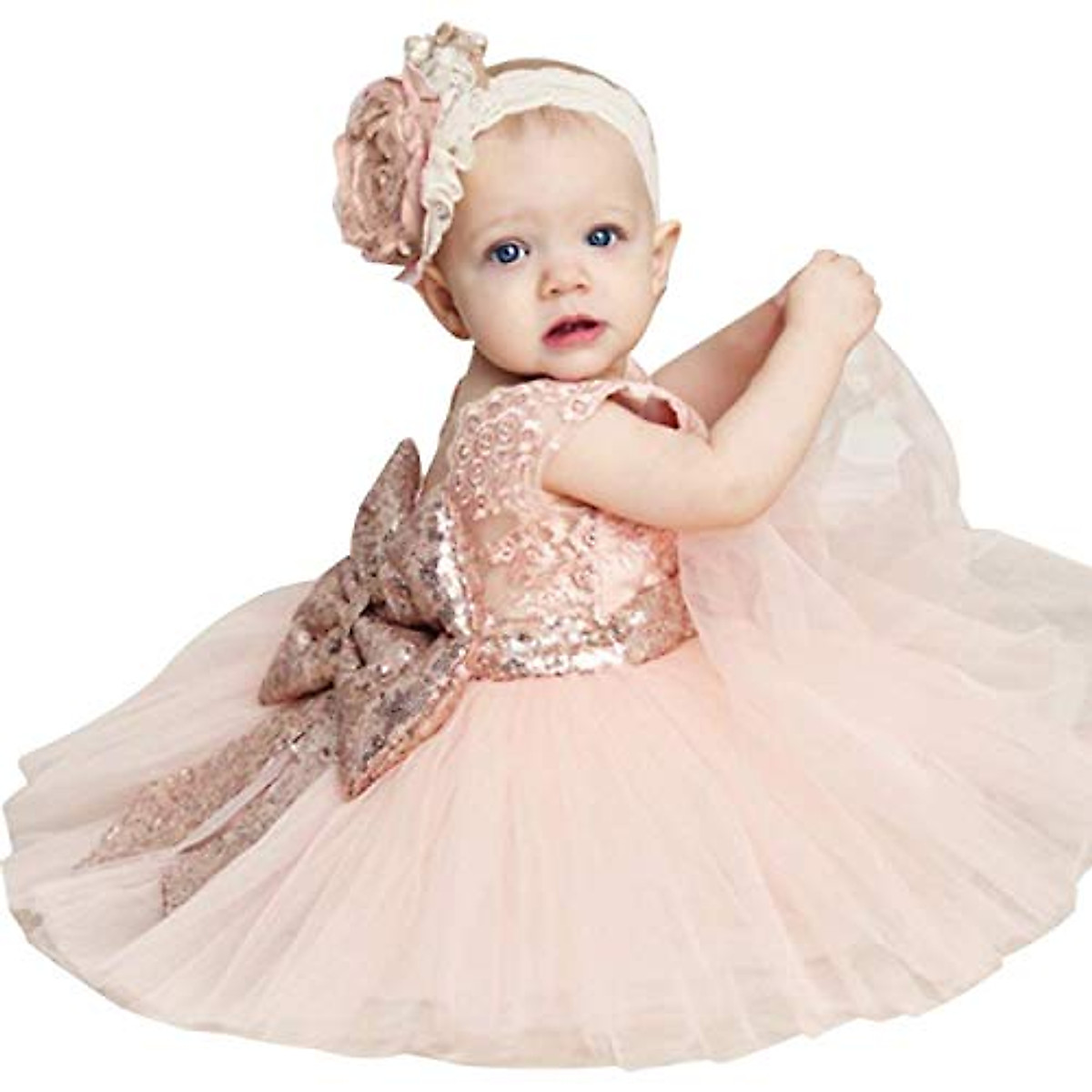 Pink Backless Sequin Elegant Tutu Fluffy Pageant Wedding Dresses for Toddler Baby Kids Elegant Bridesmaid Clothes Romantic Vintage Birthday Bow Skirt Size 12-18 Months Age 1-2 Pink 90
