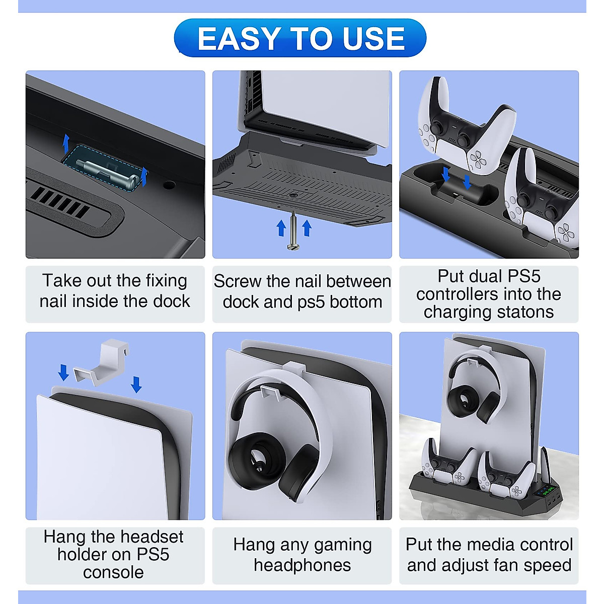 PS5 Stand with Cooling Station PS5 Controller Charging Station for Playstation 5 PS5 Console Edition, PS5 Accessories-Cooler Fan/Remote Charger/Headset Holder(Not Fit 2023 PS5 Slim Disc/Digital)