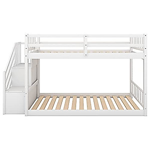 Twin Over Twin Floor Bunk Bed with Storage Shelves,Low Bunk Bed Frame with Stairs and Guardrails for Bedroom, Dorm, Kids, Teens, No Box Spring Required