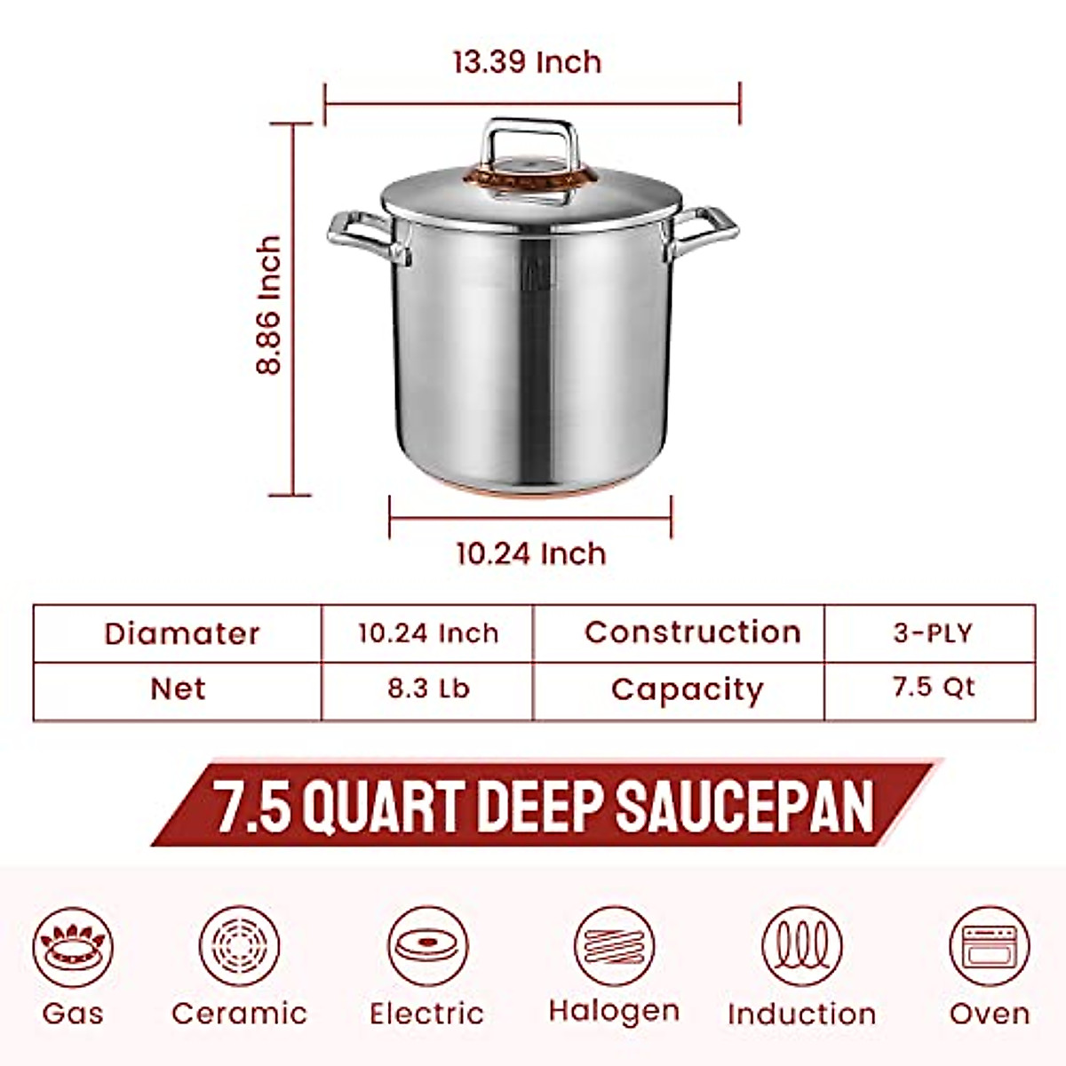 Stainless Steel Stock Pot - Stockpots Healthy Heavy Duty Induction Large with Lid 7.5 Quart for Soup, Sauce, Casserole, Stew Oven and Dishwasher Safe Soup Pot Commercial Grade Soup Pot Cooking Pot