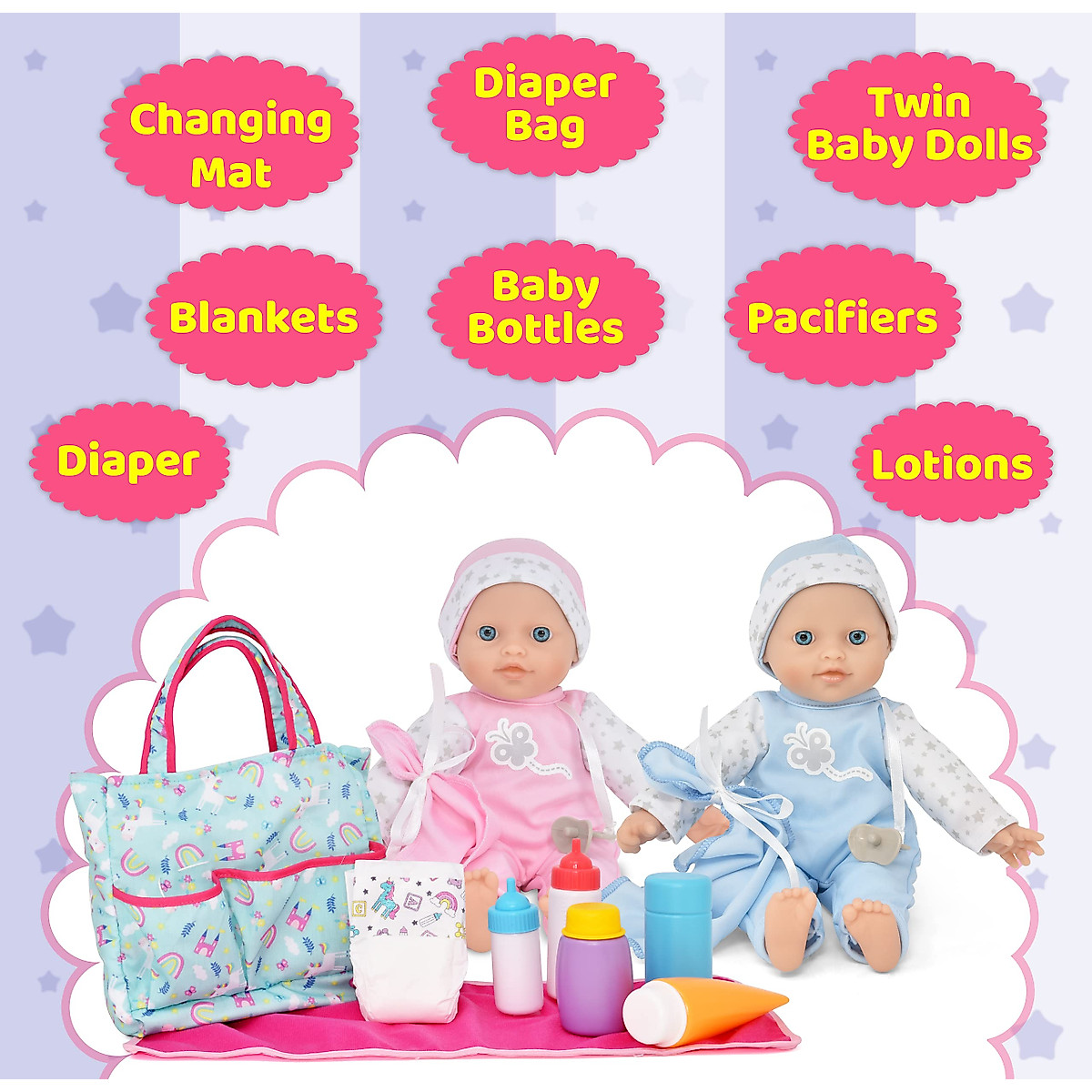 Gift Boutique Twin Baby Dolls with Accessories, Soft Body Girl Doll & Baby Boy Doll with Diaper Bag Doll Care Kit with Feeding Bottles, Pacifiers, Diaper & Changing Accessories Set for Toddlers & Kids