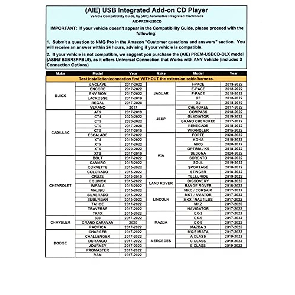 (AIE)-PREM-USBCD – “Add-on” Car CD Player – “Premium” USB Kit - Connects to Factory Audio System via USB Data Port Radio Connection. [Important] – Confirm Vehicle Compatibility on Fit Guide in Images