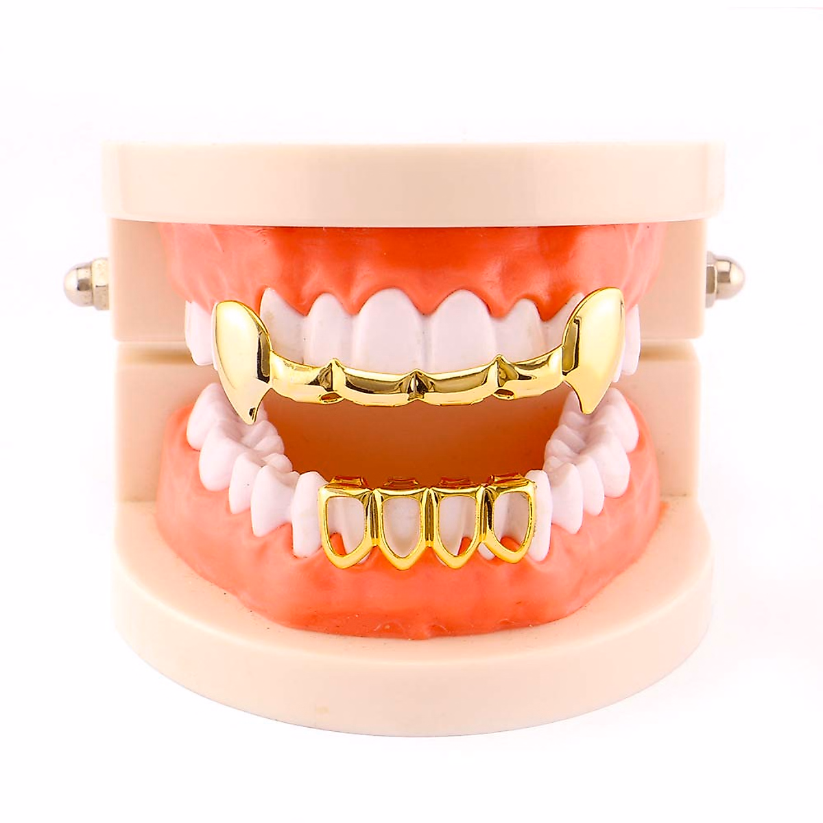Psivika Gold Plated Shiny Hip Hop Teeth Grillz Caps Iced Out CZ Top and Bottom Vampire Fangs Grillz for Men and Women (Gold)