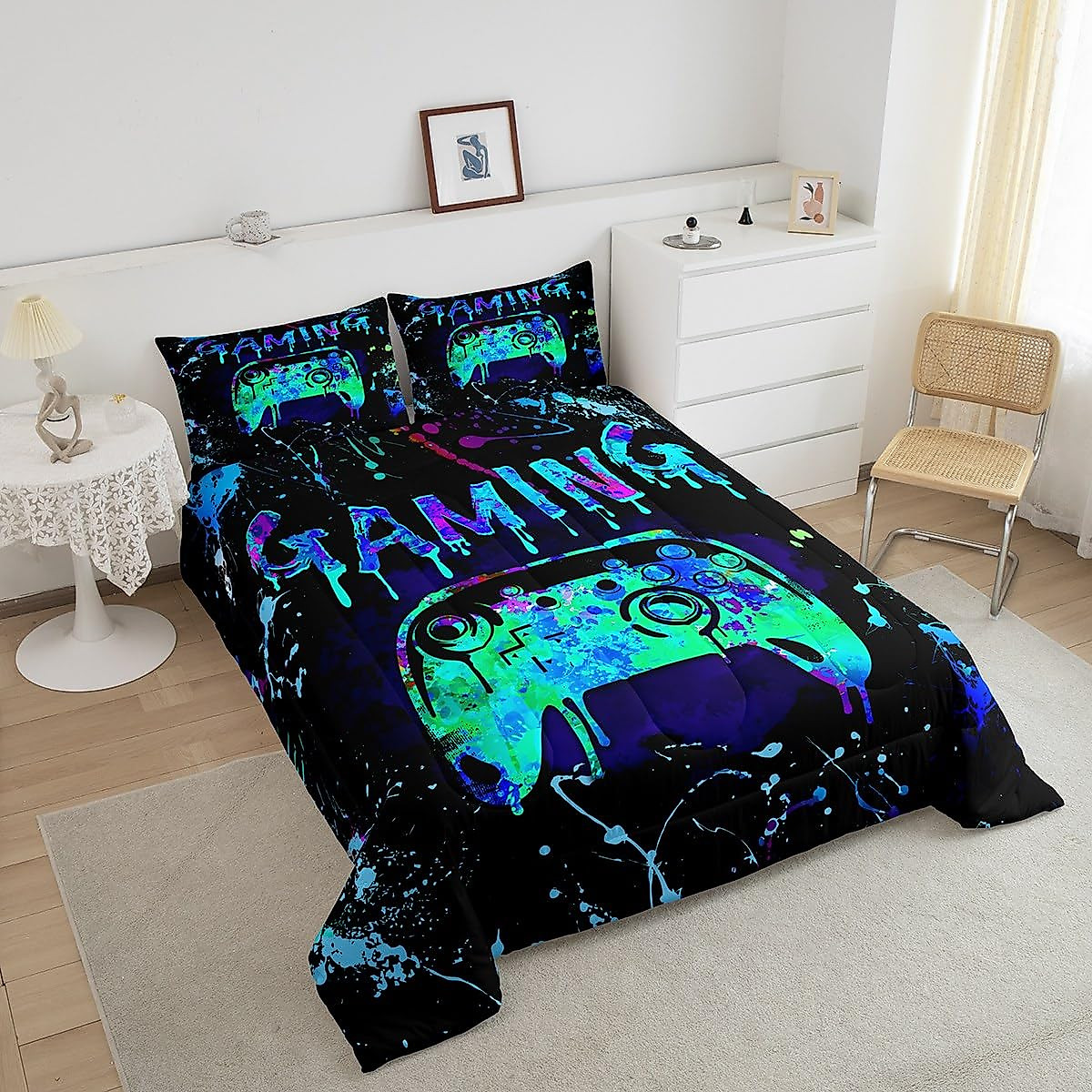 Erosebridal Twin Gamer Bedding Sets for Boys Gaming Comforter Sets for Boys Girls Teens Video Gamer Room Decor,Gamepad Controller Gamer Comforter Set Black Teal Blue Tie Dye Bed Set 2Pcs