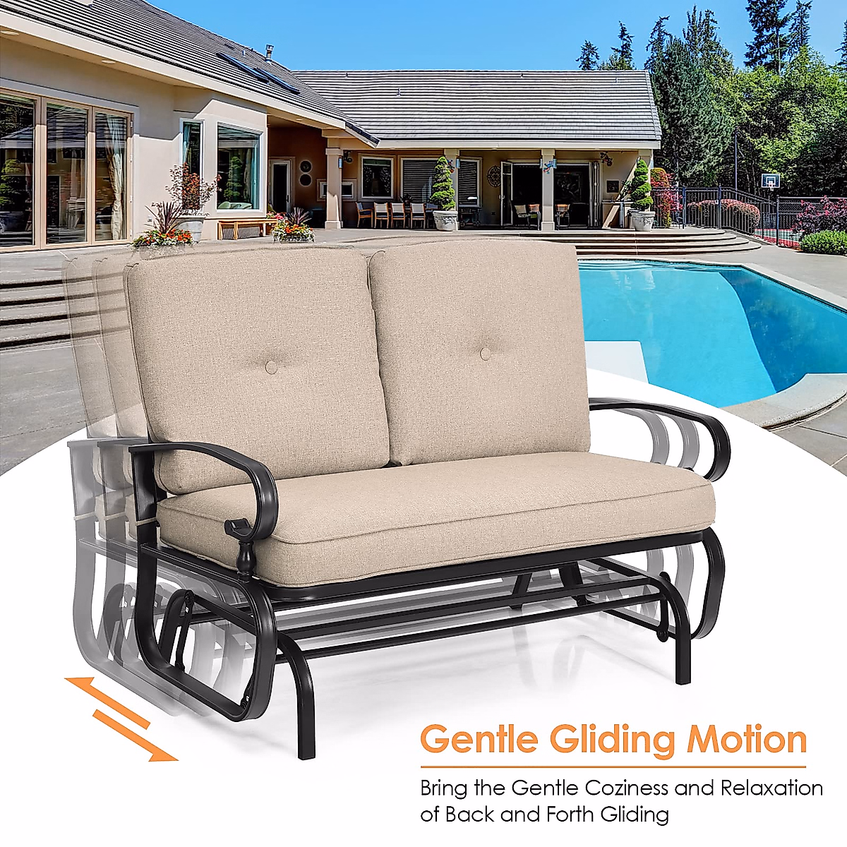 HAPPYGRILL Outdoor Swing Glider Bench Patio Loveseat Glider with Comfortable Cushions, 2 Persons Rocking Glider Chair for Porch Balcony Garden Poolside