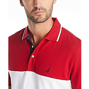 Nautica Men's Short Sleeve 100% Cotton Pique Color Block Polo Shirt, Red, Large
