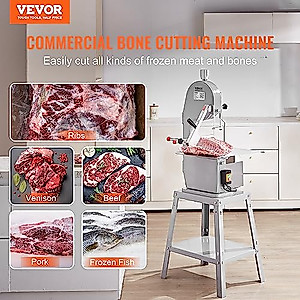 Commercial Electric Meat Bandsaw, 1500W Stainless Steel Vertical Bone Sawing Machine, Workbeach 19.3" x 15", 0.16-7.9 Inch Cutting Thickness, Frozen Meat Cutter with 6 Blades for Rib Pork Beef