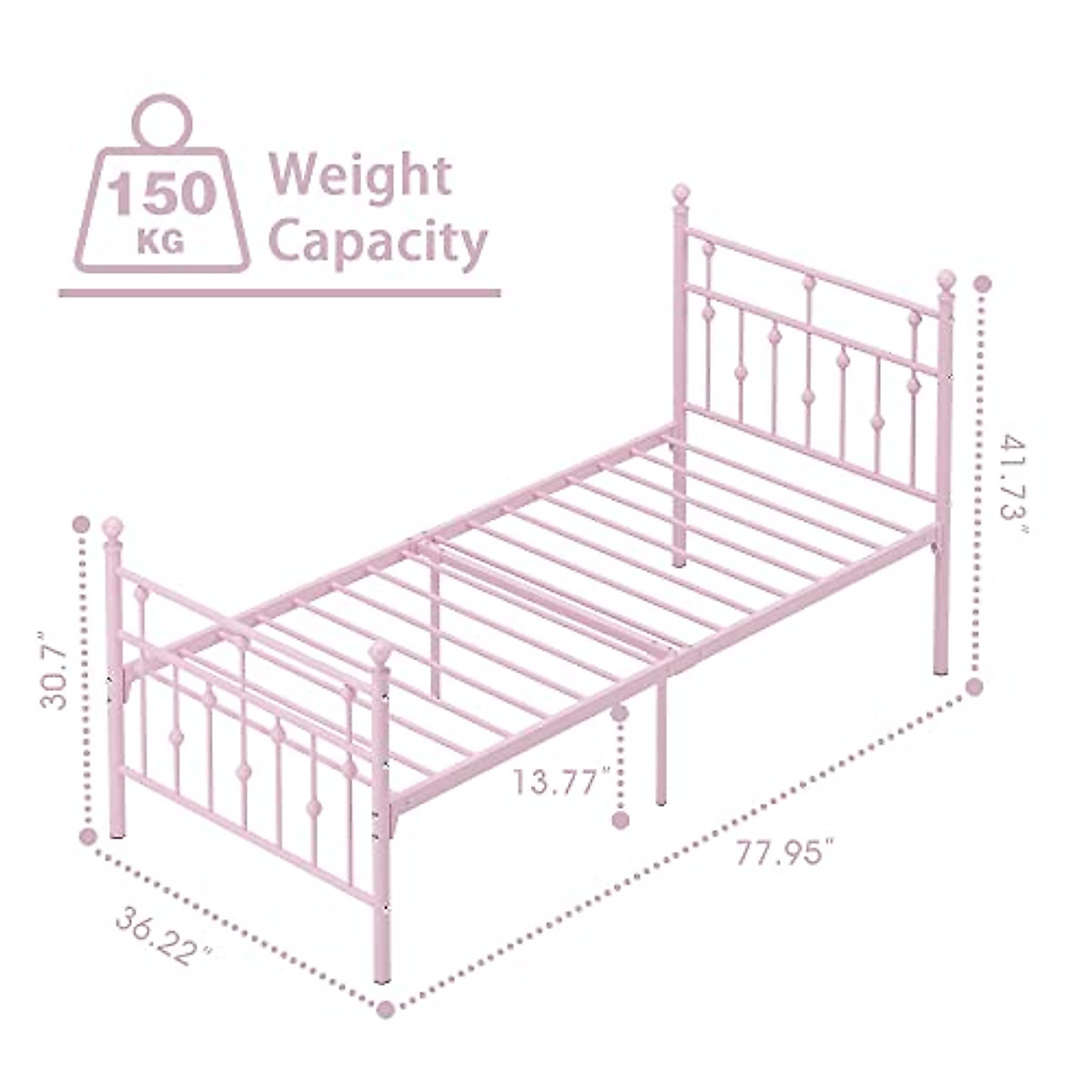 Weehom Pink Metal Bed Frame Twin Size with Headboard Mattress Foundation Support Heavy Duty Steel Slat No Box Spring Need for Girls