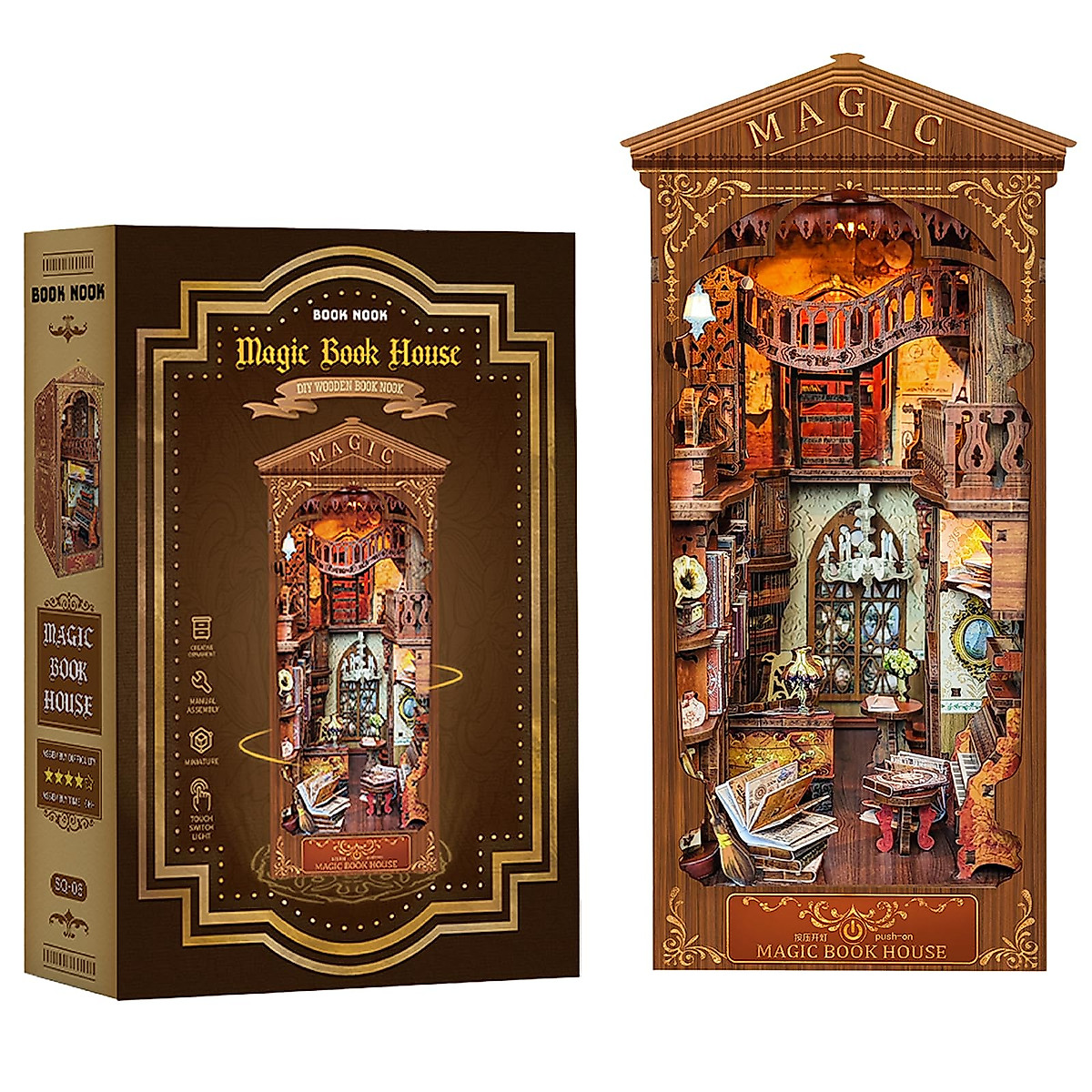 Book Nook Kit, DIY 3D Bookshelf Insert Decor, Wooden Puzzle Dollhouse with Sensor LED Light, Bookend Building Set for Teens Adults - Magic Book House