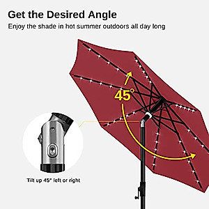 EAST OAK Patio Umbrella, 9 ft Outdoor Table Umbrella with 40 LED Solar Lights and 8 Ribs, 1.9inch Aluminum Pole, UPF 50+ Fade Resistant and Push Button Tilt for Deck and Poolside, Wine Red