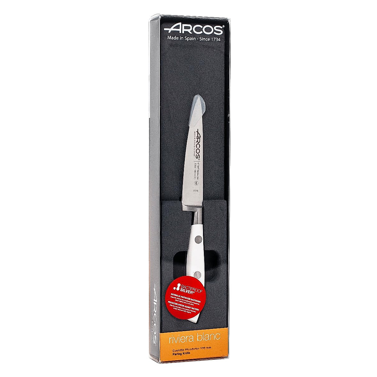 ARCOS Forged Paring Knife 4 Inch Stainless Steel. Kitchen Knife for Peeling Fruits and Vegetables. Ergonomic Polyoxymethylene Handle and 100mm Blade. Series Riviera Blanc. Color White