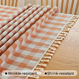 Alsoo Checkered Tablecloth Rectangle Cotton Linen Fabric Fall Gingham Table Cloth Heavy Duty Buffalo Plaid Table Cover with Tassel Washable for Kitchen Dining Holiday Party, Orange and White, 55X75''