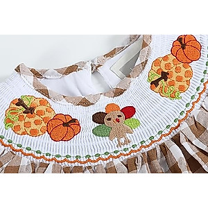 Lil cactus Light Brown Gingham Pumpkin Turkey Smocked Bishop Dress, Brown Turkey, 3-6 Months