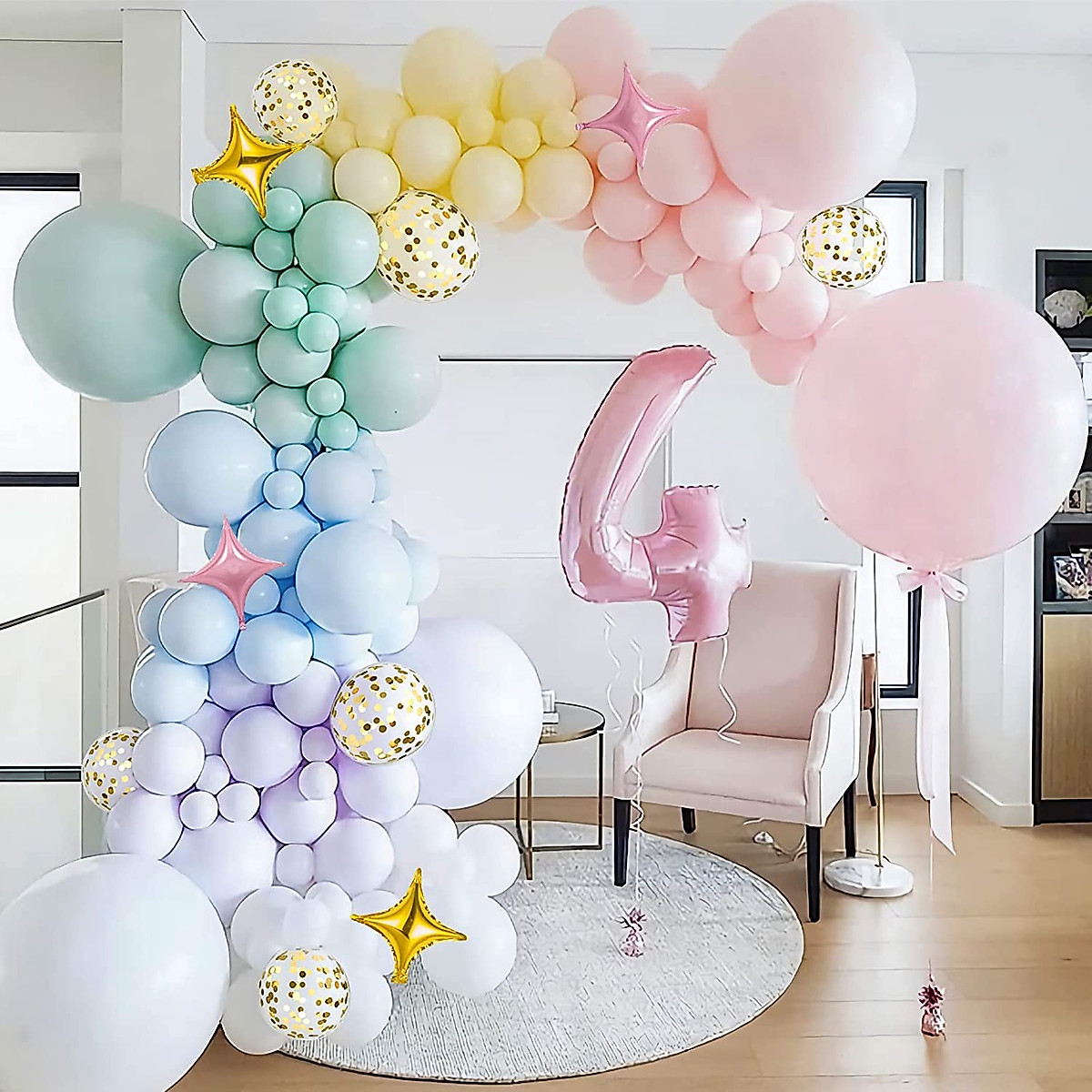 Pastel Balloons Garland Arch Kit, 117 pcs Macaron Rainbow Easter Balloon with Gold Confetti Balloons for Kids Birthday Baby Shower Easter Day Unicorn Party Decorations