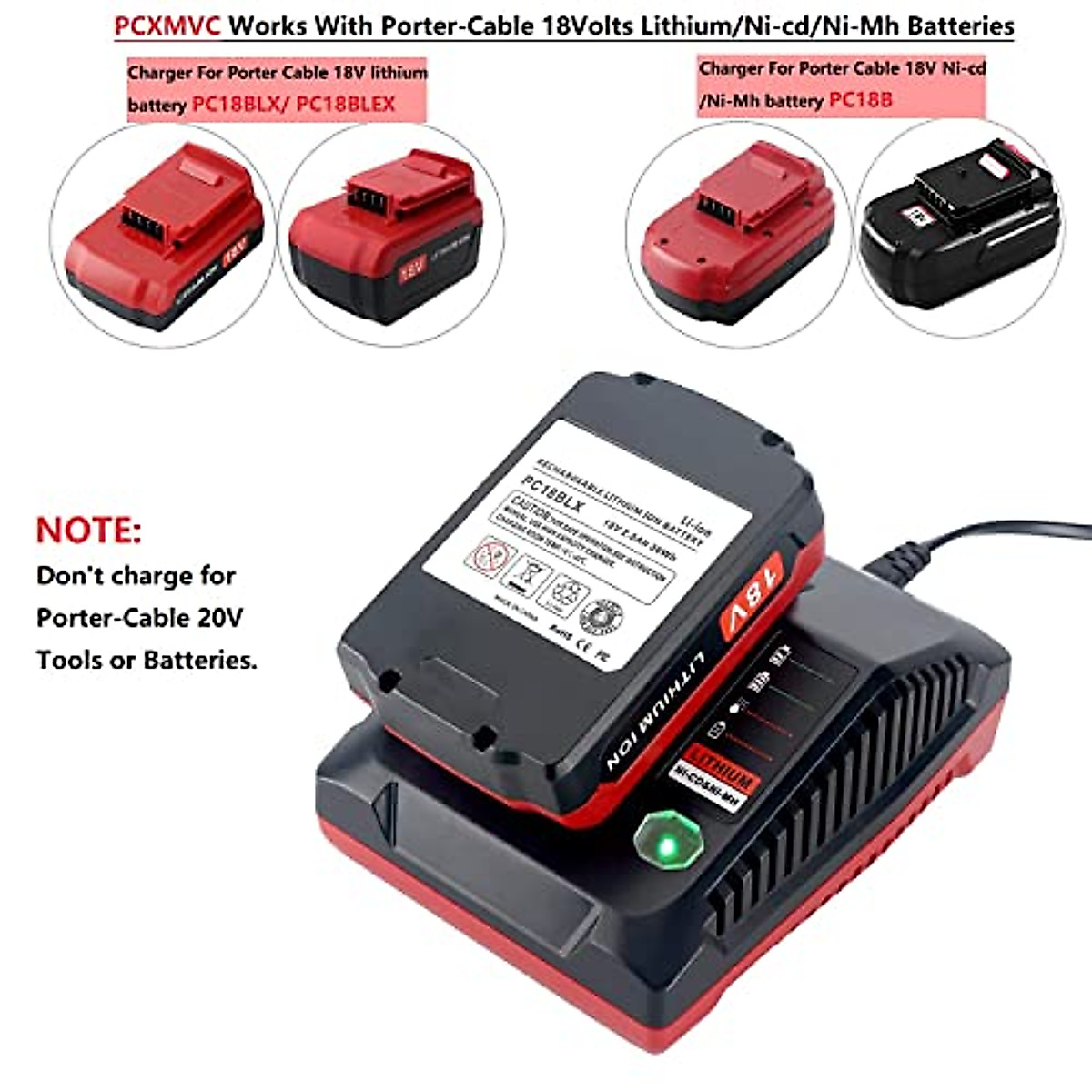 18-Volt Multi-Chemistry Battery Charger for Porter Cable PCXMVC Lithium Ion & NiCad NiMh Slide PC18B PC18B-2 PC18BL PC18BLX PCC489N Cordless Power Tool Battery