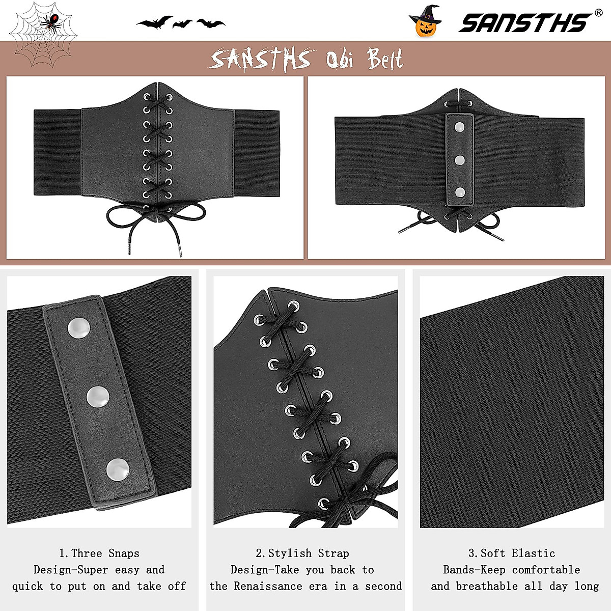 SANSTHS Wide Corset Belt for Women Lace-up Renaissance Corset Hight Waist Elastic Belt for Halloween Costume Parties Black L